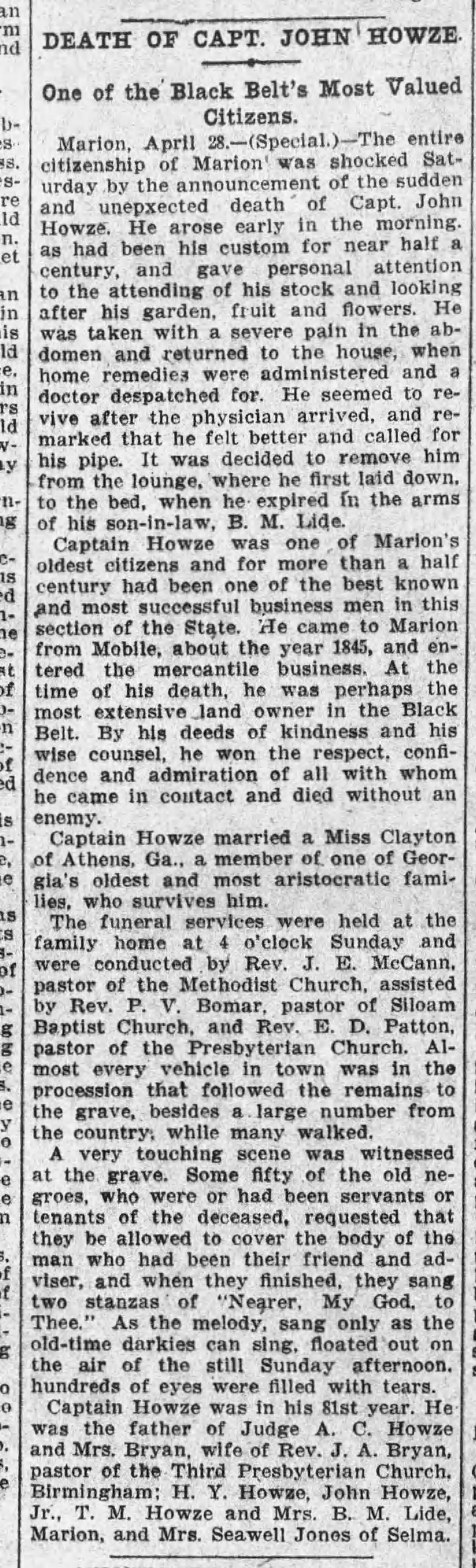Death of Capt John Howze from Marion Times Standard on 1902-05-01 ...
