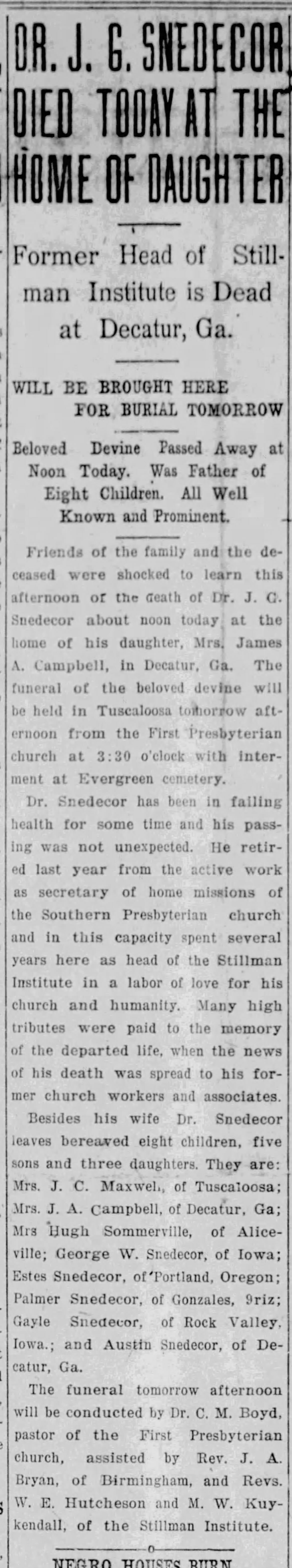 Dr. Snedecor Dies At home of Daughter from Tuscaloosa News on 1916-11 ...
