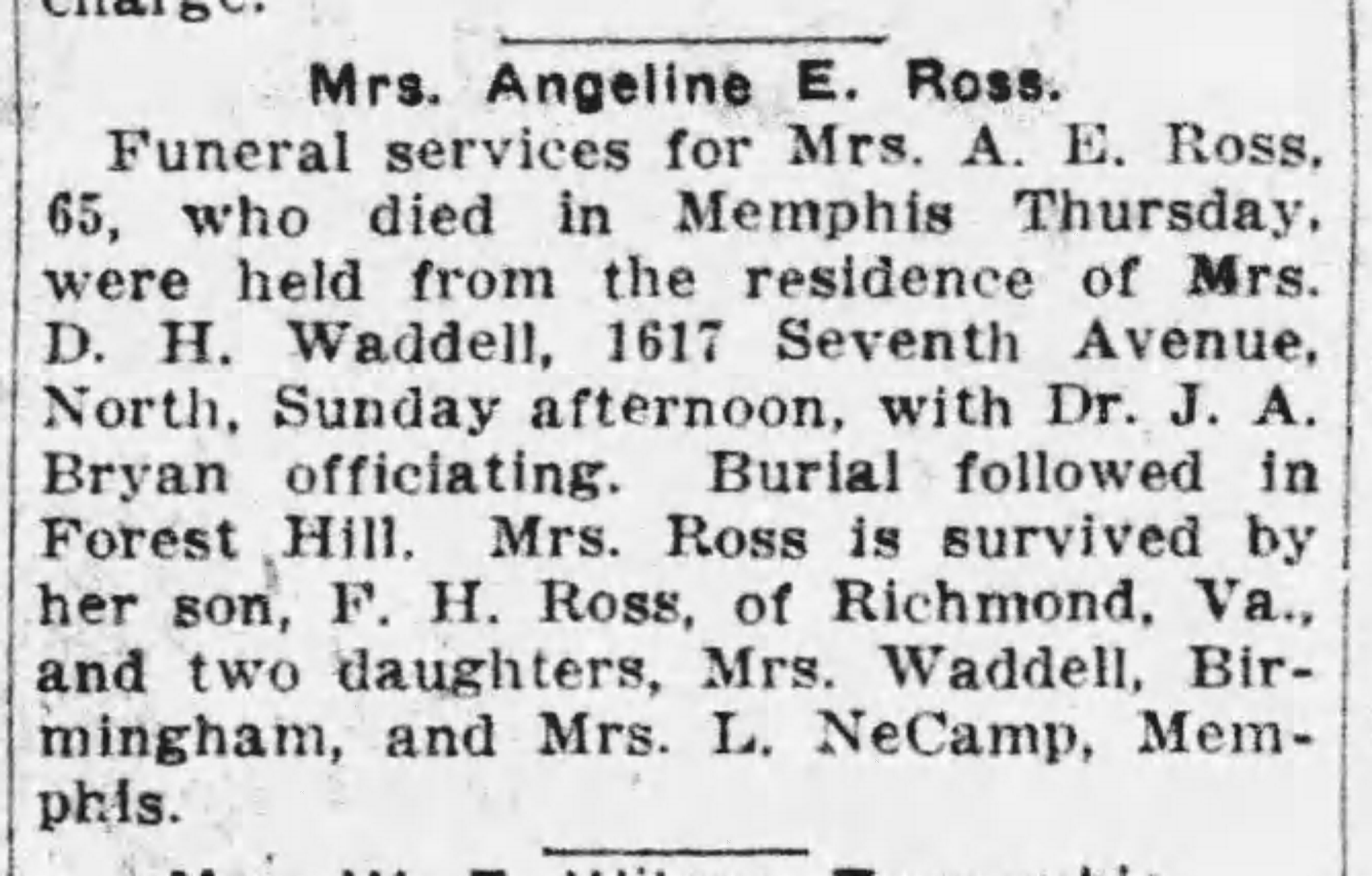 Mrs. Angeline E. Ross from Birmingham News on 1922-12-25 – Brother ...