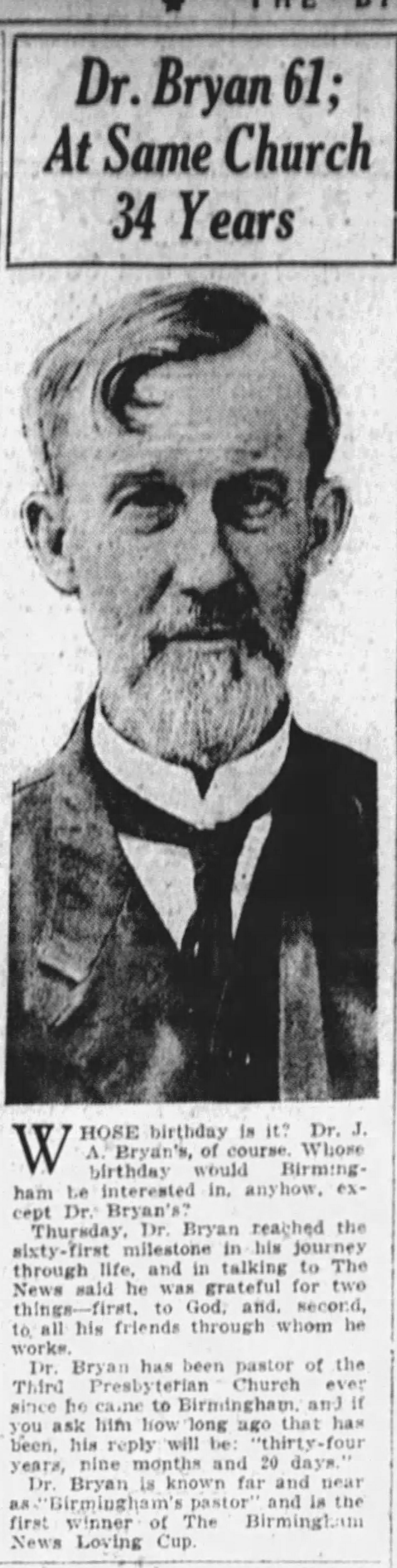 Dr. Bryan 61, At Same Church 34 Years from Birmingham News on 1924-03 ...