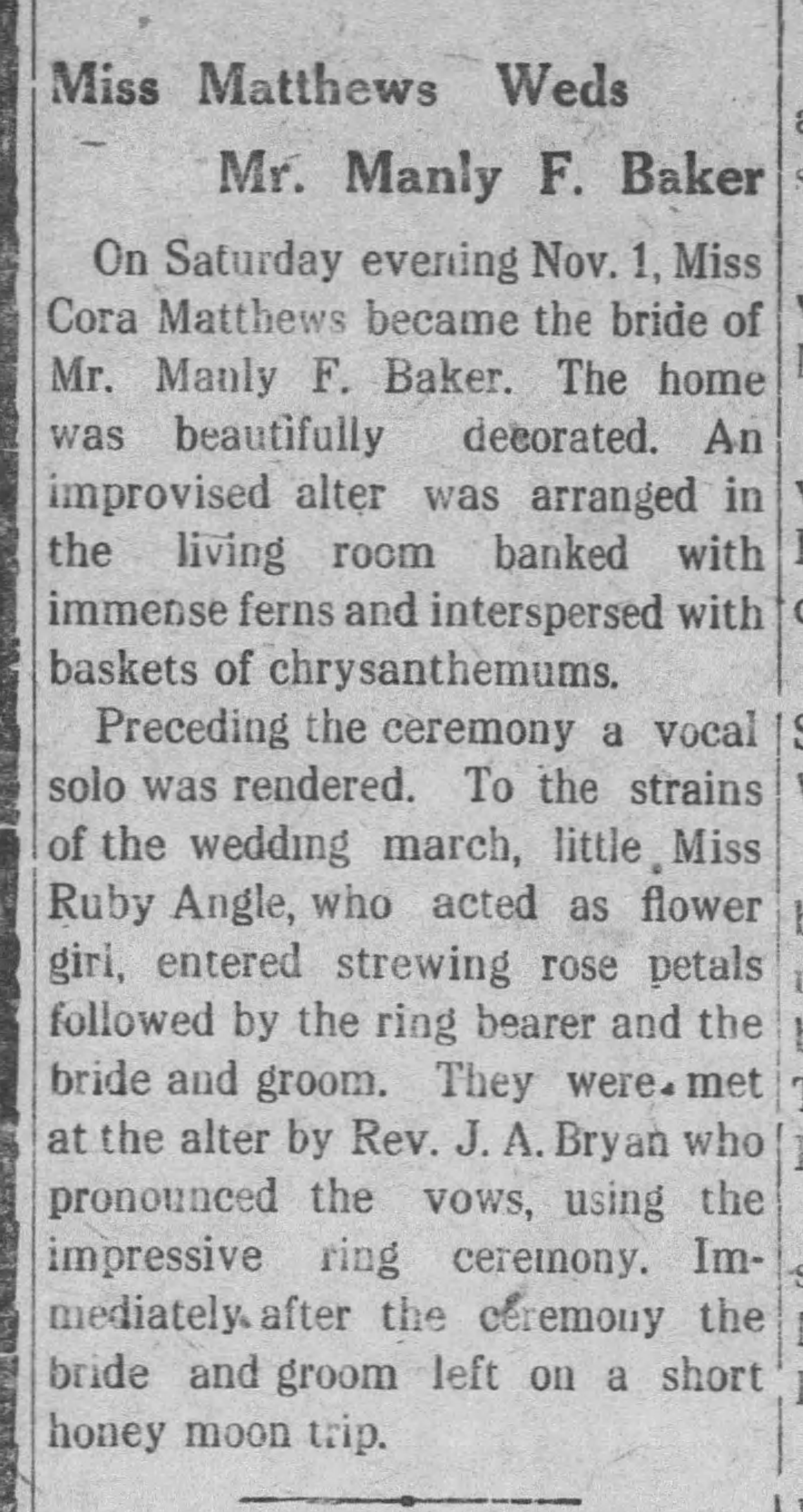 Miss Mathews Weds Mr Manly F. Baker from Lamar Democrat on 1924-11-19 ...